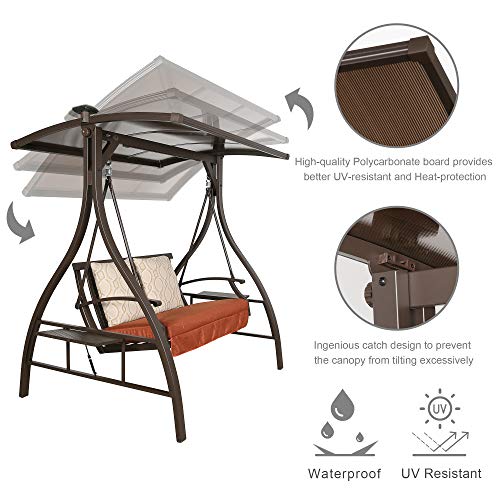 Iwicker Patio 2-Seat Deluxe Porch Swing with Sunbrella Cushions, Outdoor Swing Chair with Solar Light and Convertible Board Canopy