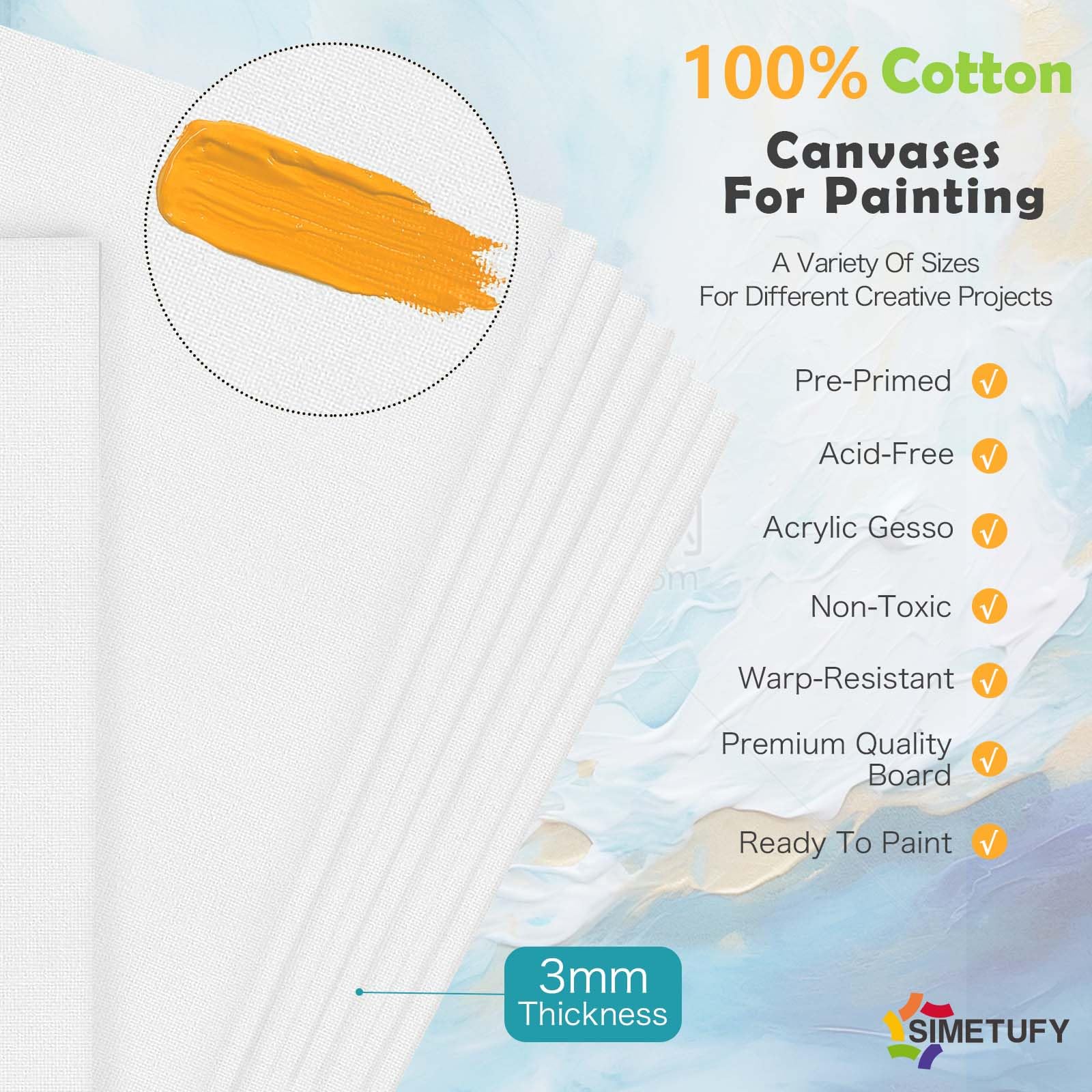 Simetufy 12 Pack 8x8 Inch Painting Canvas Panels Blank Square Canvas Boards for Painting, 8oz Gesso Primed Acid-Free 100% Cotton for Acrylics Paints