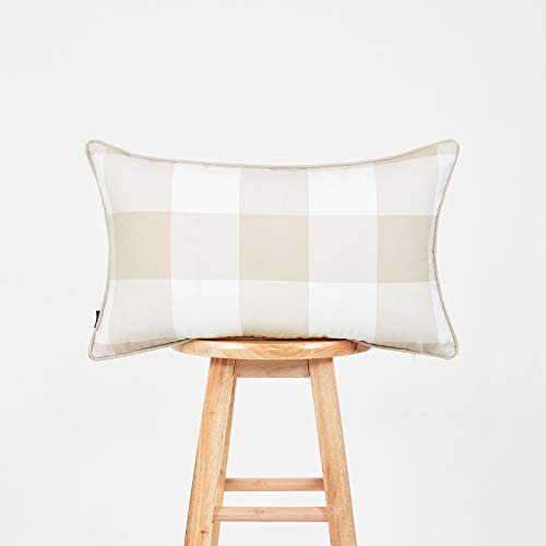 Hofdeco Coastal Patio Indoor Outdoor Lumbar Pillow Cover ONLY for Backyard, Couch, Sofa, Tan Buffalo Check, 12"x20"