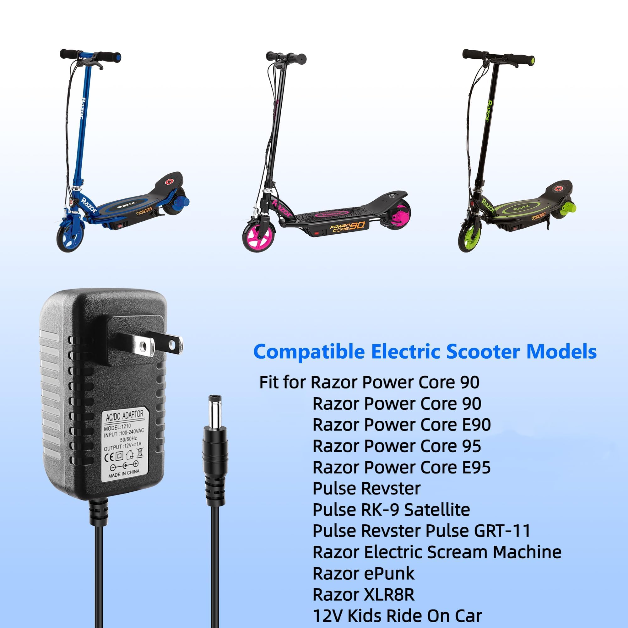 12V Charger for Razor Power Core 90, Electric Scooter Charger Replacement Razor Power Core E90 E95 95, EPunk, XLR8R, Electric Scream Machine, Kids Ride On Toys