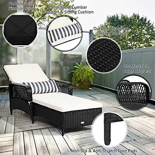 Tangkula Patio Wicker Chaise Lounge Chair, Outdoor Rattan Reclining Chaise w/ 6-Gear Adjustable Backrest, Thick Padded Cushion & Removable Lumbar Pillow, Ideal for Lawn, Beach, Balcony (Black)