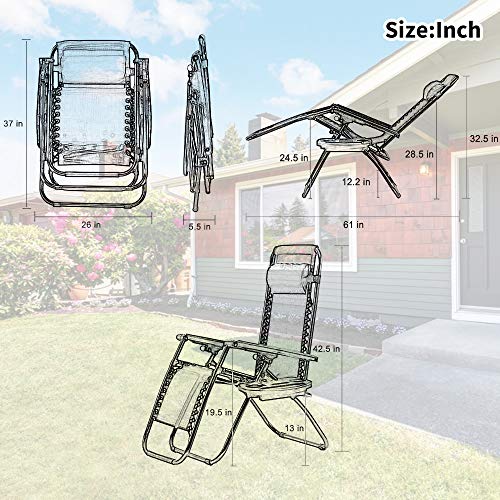 Zero Gravity Chair, Outdoor Folding Adjustable Lounge Chair Chaise 250Lbs Weight Capacity Recliner with Cup Holder Tray and Pillows for Patio, Pool, Beach, Lawn, Deck, Yard - Set of 2 - Blue