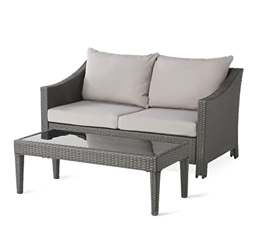 Christopher Knight Home Antibes Outdoor Wicker Loveseat and Table Set with Water Resistant Cushions, 2-Pcs Set, Grey / Silver