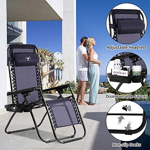 Zero Gravity Chair, Outdoor Folding Adjustable Lounge Chair Chaise 250Lbs Weight Capacity Recliner with Cup Holder Tray and Pillows for Patio, Pool, Beach, Lawn, Deck, Yard - Set of 2 - Blue