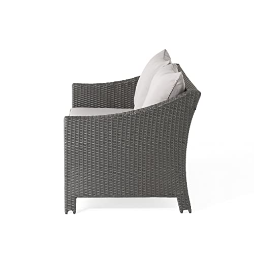 Christopher Knight Home Antibes Outdoor Wicker Loveseat and Table Set with Water Resistant Cushions, 2-Pcs Set, Grey / Silver