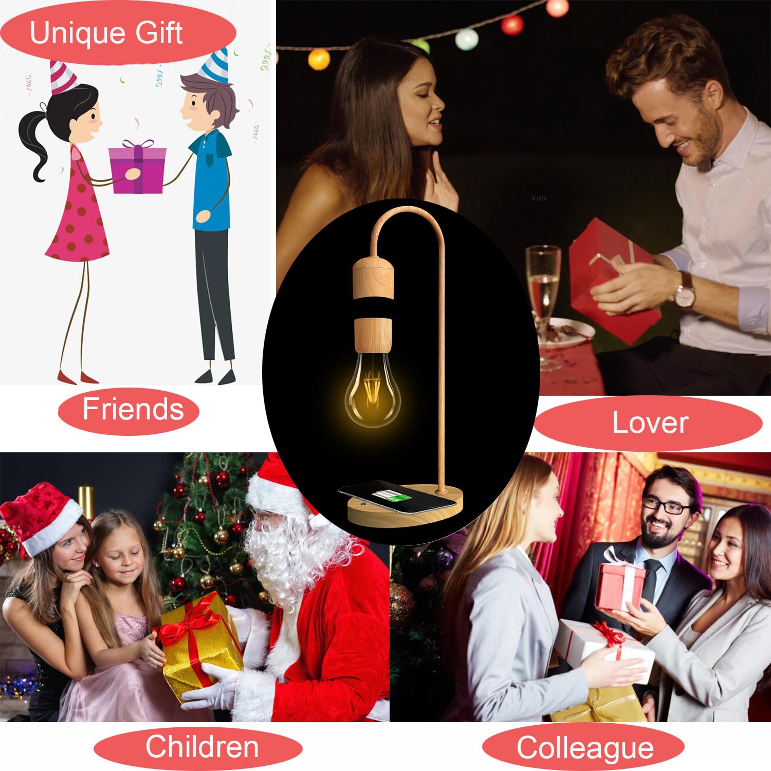 Floatidea Magnetic Levitating Lamp with Wireless Phone Charging Pad Floating Light Bulb LED Night Light Wood Grain Table Lamp Levitation Desk Lamp for Office Home Decoration Christmas Gift