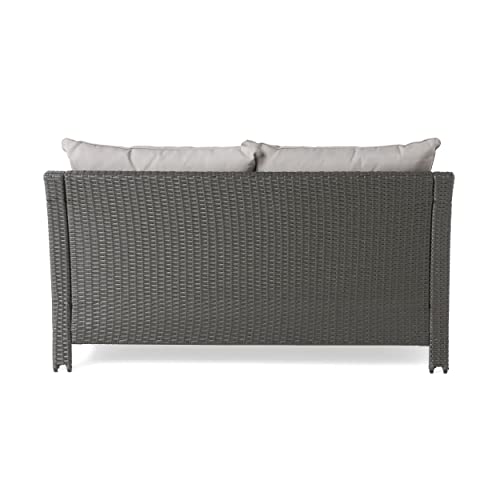 Christopher Knight Home Antibes Outdoor Wicker Loveseat and Table Set with Water Resistant Cushions, 2-Pcs Set, Grey / Silver