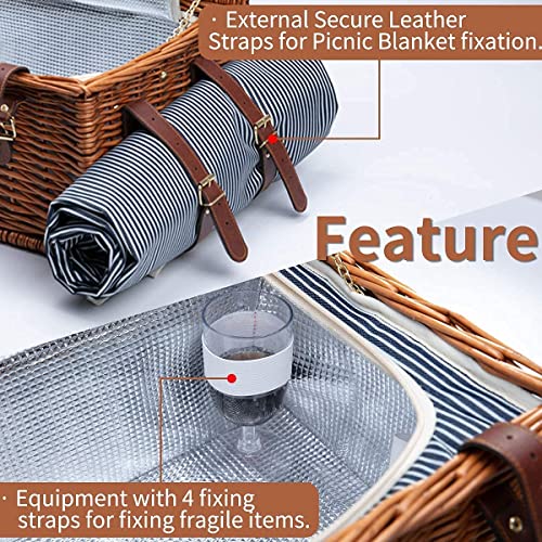 Picnic Baskets for 4 Persons Retro Classic Willow Hamper Set with Waterproof Blanket for Camping &Outdoor Party (Retro Style)