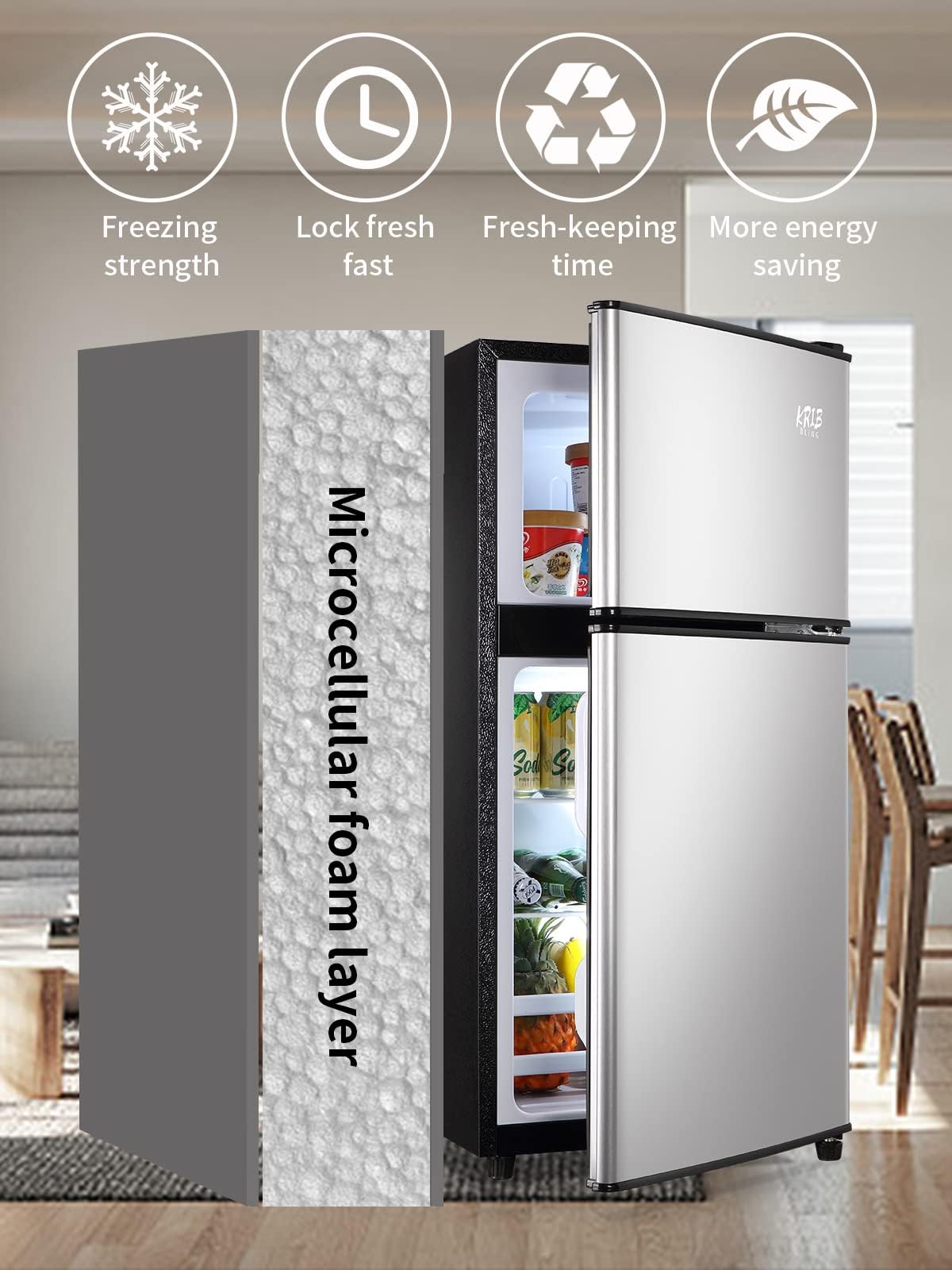 KRIB BLING Mini Fridge, Compact Refrigerator Small Refrigerator 7 Level Adjustable Thermostat Removable Shelves with Stainless Steel 2 door for Office Dorm Apartment 3.5 Cu.Ft Silver