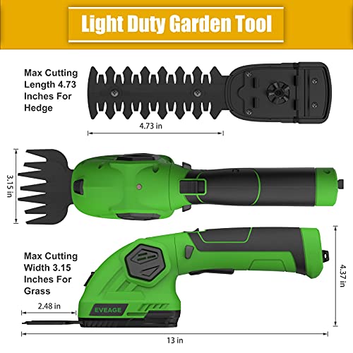 EVEAGE Cordless Grass Shears - Grass Trimmer - Electric Grass Clippers, 2 in 1 Light Duty Handheld Grass Shears Power Hedge Trimmers with Battery, Charger and Extra Safety Key