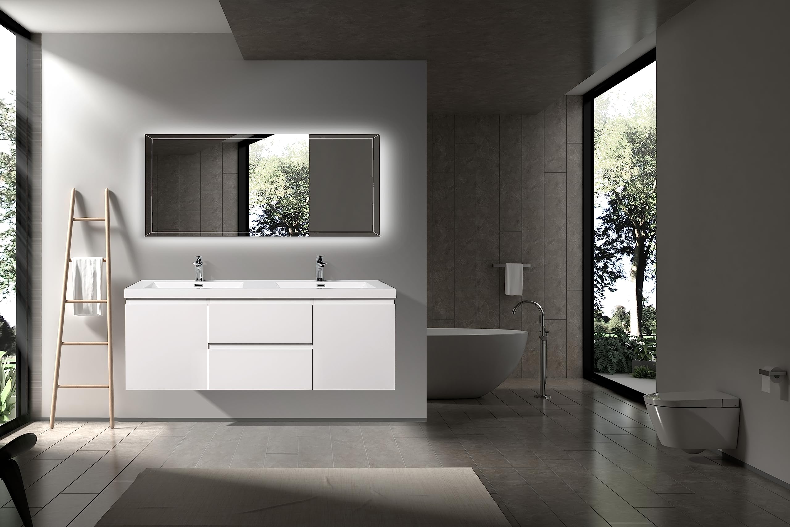 OMGO 60'' Wall Mounted Double Bathroom Vanity with White Solid Surface Sink, Modern Wood Cabinet Basin Vessel Set w/Two Drawers and 2 Storage, H90 Hanging System, Easy Installation