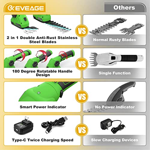 EVEAGE Cordless Grass Shears - Grass Trimmer - Electric Grass Clippers, 2 in 1 Light Duty Handheld Grass Shears Power Hedge Trimmers with Battery, Charger and Extra Safety Key