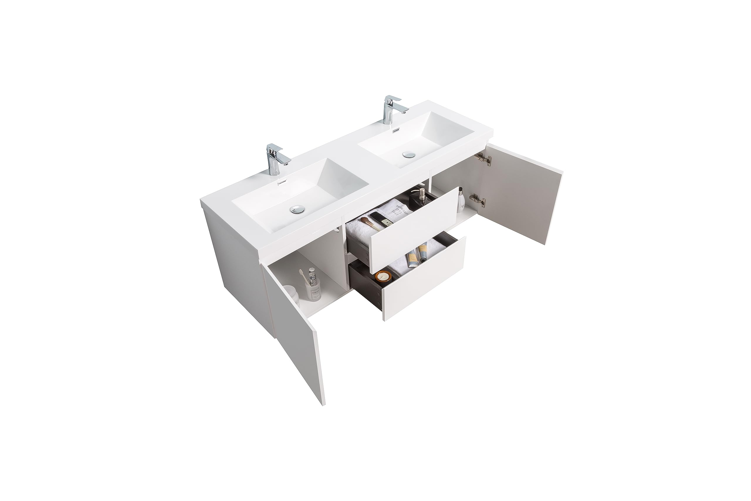 OMGO 60'' Wall Mounted Double Bathroom Vanity with White Solid Surface Sink, Modern Wood Cabinet Basin Vessel Set w/Two Drawers and 2 Storage, H90 Hanging System, Easy Installation