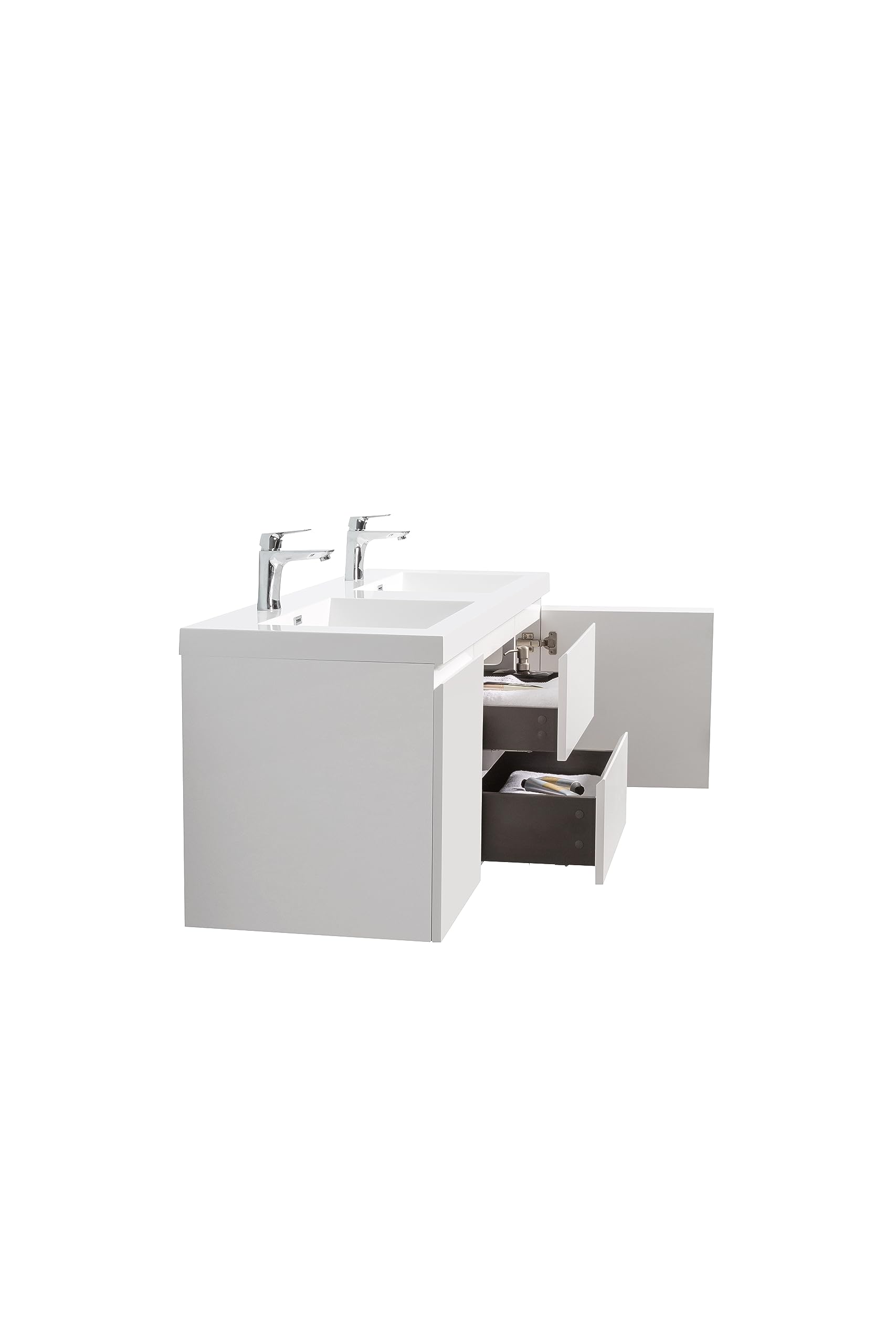OMGO 60'' Wall Mounted Double Bathroom Vanity with White Solid Surface Sink, Modern Wood Cabinet Basin Vessel Set w/Two Drawers and 2 Storage, H90 Hanging System, Easy Installation