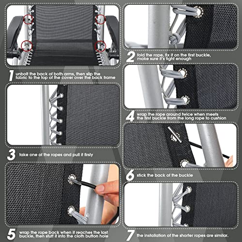 6 Pieces Gravity Chair Set, Gravity Chair Fabric, Gravity Chair Tray, Replacement Bungee Cord Trays for Carrying Cellphone, Snack, Water, Black Recliner Mesh Canvas Elastic Bungee Cord