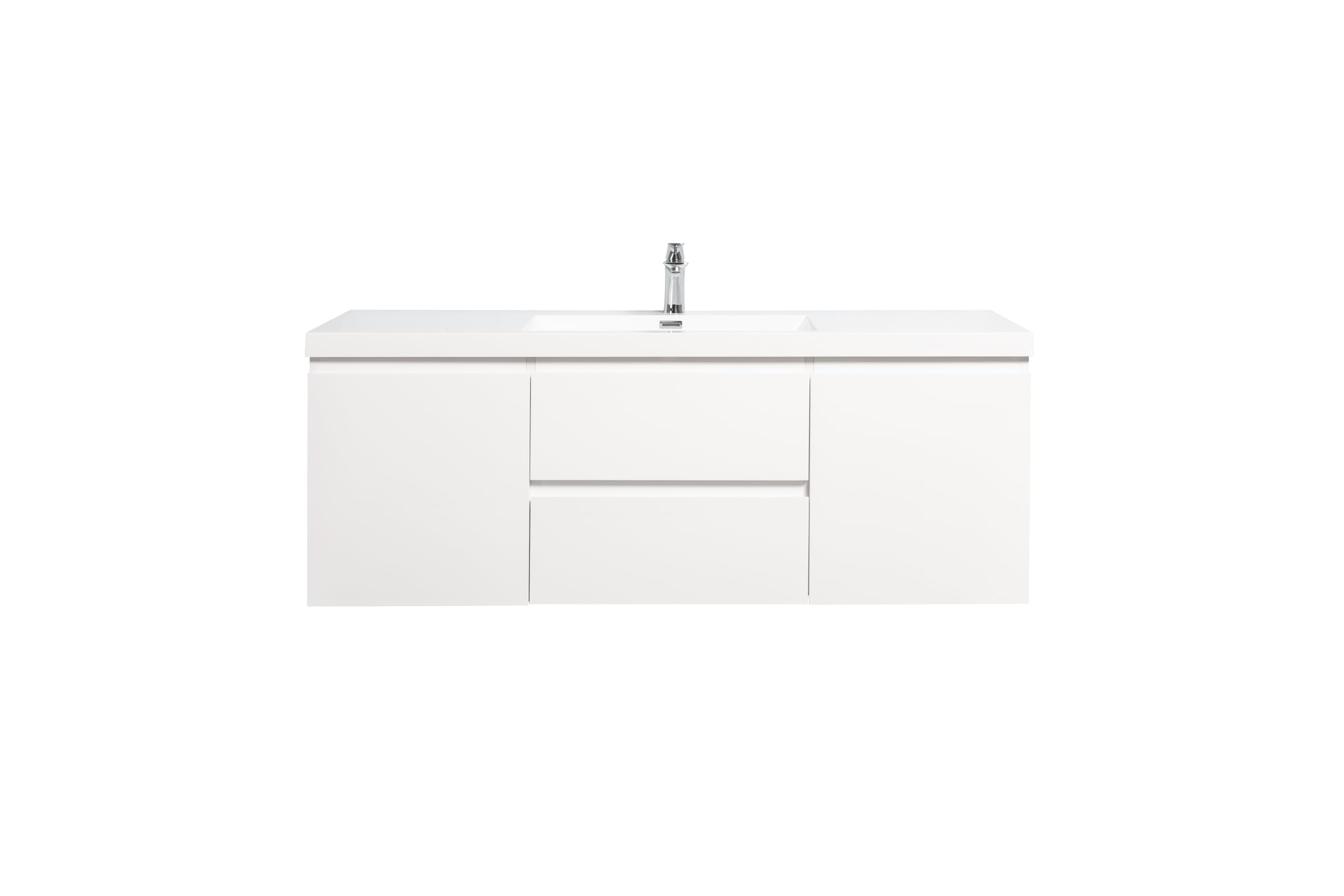 OMGO 60'' Wall Mounted Double Bathroom Vanity with White Solid Surface Sink, Modern Wood Cabinet Basin Vessel Set w/Two Drawers and 2 Storage, H90 Hanging System, Easy Installation