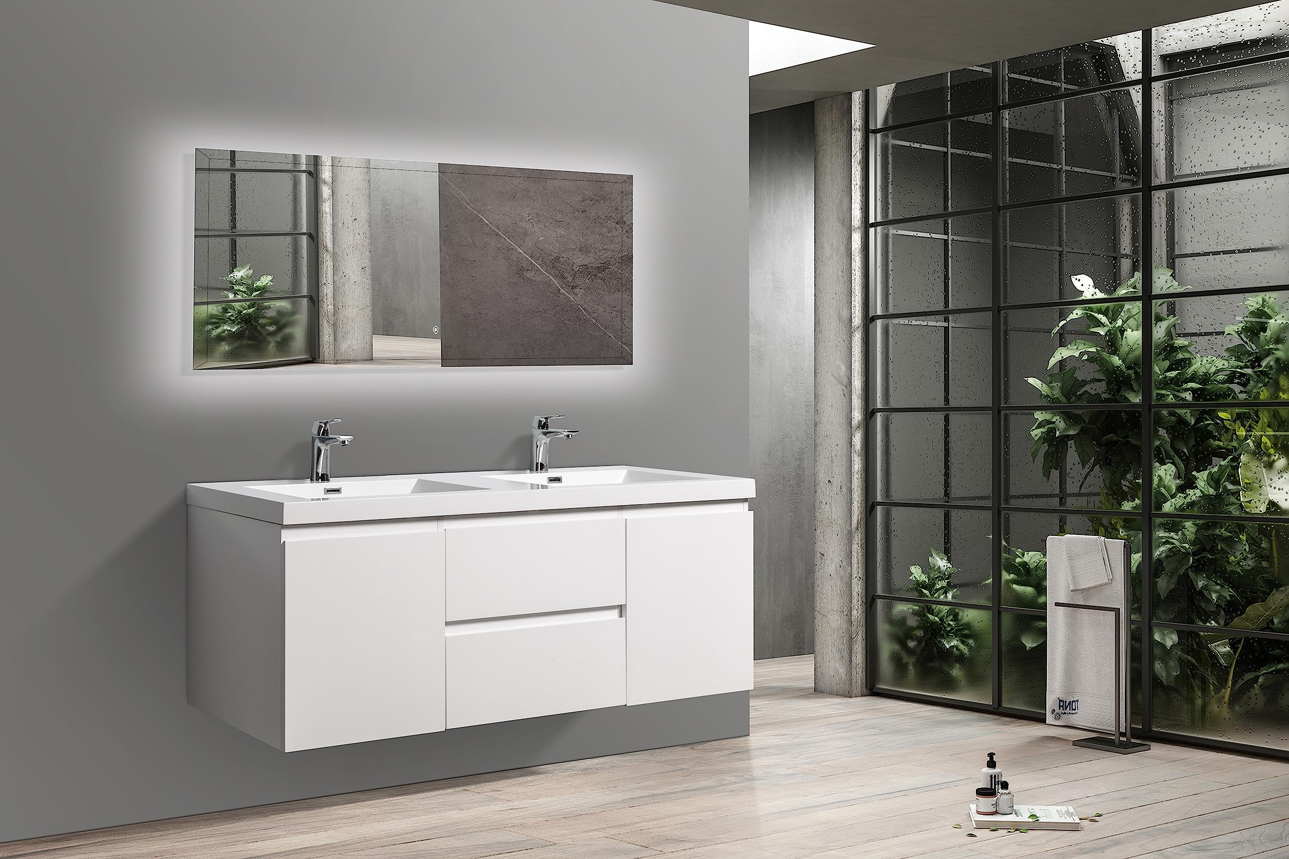 OMGO 60'' Wall Mounted Double Bathroom Vanity with White Solid Surface Sink, Modern Wood Cabinet Basin Vessel Set w/Two Drawers and 2 Storage, H90 Hanging System, Easy Installation