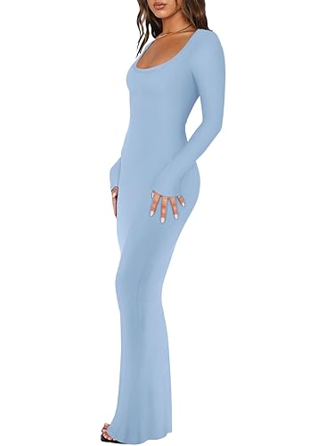 REORIA Womens Sexy Casual Scoop Square Neck Long Sleeve Soft Lounge Long Dress Fall Wedding Guest Elegant Ribbed Bodycon Maxi Dresses Blue Large