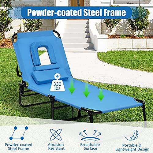 Goplus Folding Chaise Lounge Beach Chair, Face Down Tanning Chair with Face Hole Detachable Pillow, Great for Outside Pool Patio Backyard, 5-Position Adjustable (1, Blue)