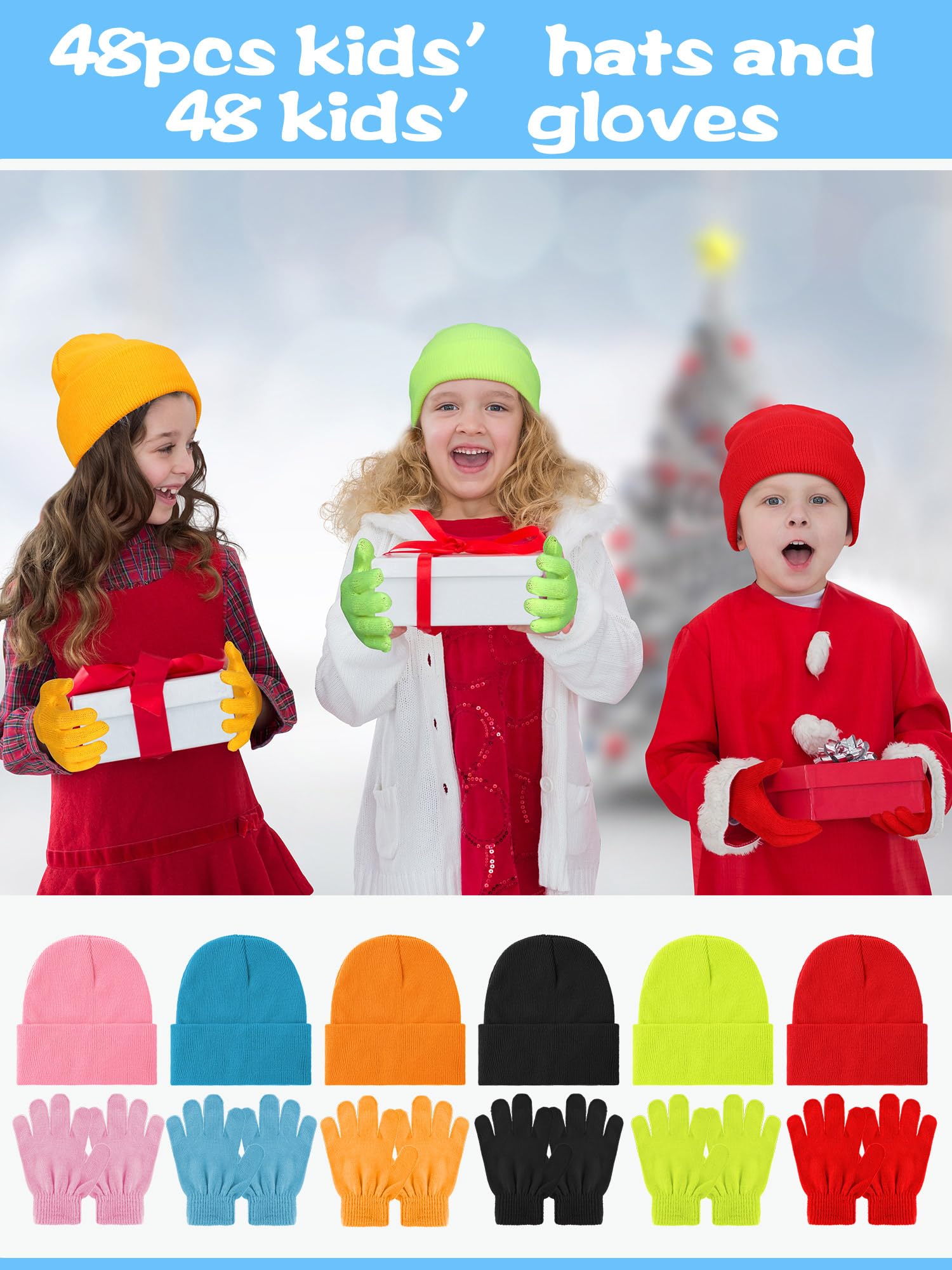 Retisee 96 Pcs Kids Winter Beanie and Gloves Set Knit Hat Bulk Warm Gloves Cap for Boys Girls Homeless Gift(Mixed Color)