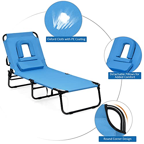 Goplus Folding Chaise Lounge Beach Chair, Face Down Tanning Chair with Face Hole Detachable Pillow, Great for Outside Pool Patio Backyard, 5-Position Adjustable (1, Blue)