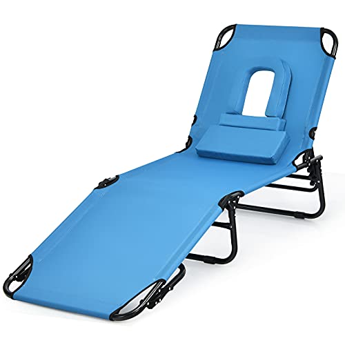 Goplus Folding Chaise Lounge Beach Chair, Face Down Tanning Chair with Face Hole Detachable Pillow, Great for Outside Pool Patio Backyard, 5-Position Adjustable (1, Blue)