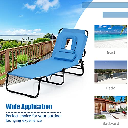 Goplus Folding Chaise Lounge Beach Chair, Face Down Tanning Chair with Face Hole Detachable Pillow, Great for Outside Pool Patio Backyard, 5-Position Adjustable (1, Blue)