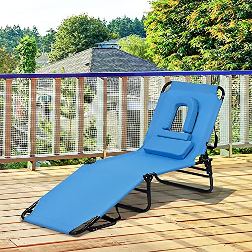 Goplus Folding Chaise Lounge Beach Chair, Face Down Tanning Chair with Face Hole Detachable Pillow, Great for Outside Pool Patio Backyard, 5-Position Adjustable (1, Blue)