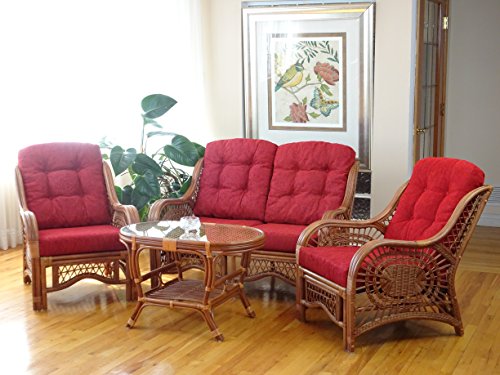 Malibu Lounge Living Accent Armchair Natural Rattan Wicker Handmade Design with Red Cushion, Colonial