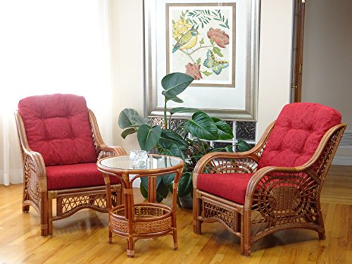 Malibu Lounge Living Accent Armchair Natural Rattan Wicker Handmade Design with Red Cushion, Colonial