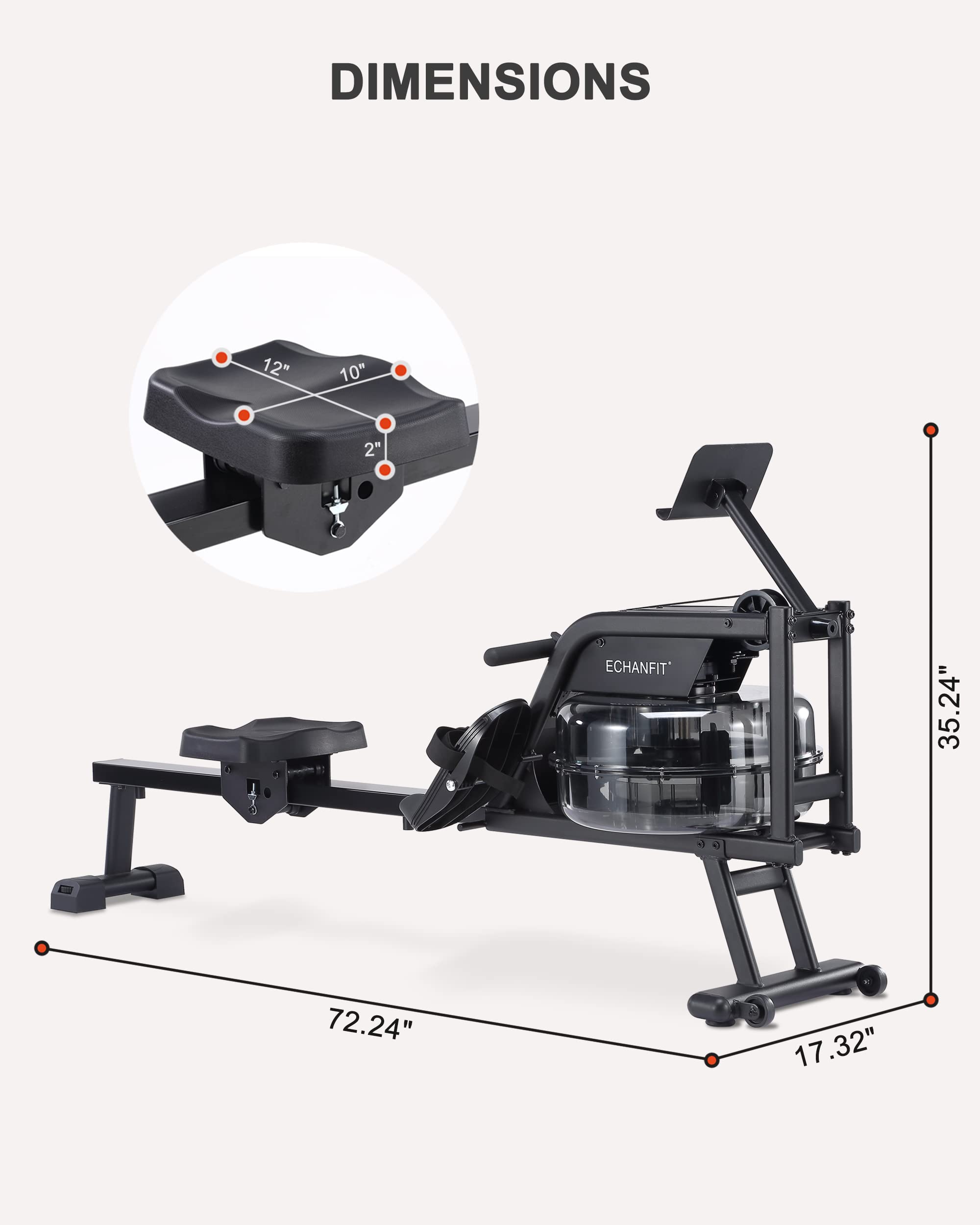 ECHANFIT Water Rowing Machine - Magnetic Rower with Monitor, Device Holder, Adjustable 16 Level Water Resistance, Easy Storage Rowing Machines for Home use
