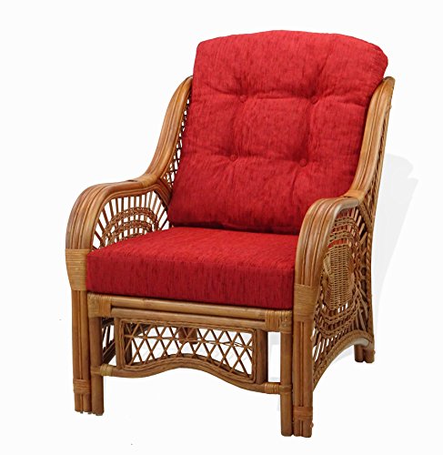 Malibu Lounge Living Accent Armchair Natural Rattan Wicker Handmade Design with Red Cushion, Colonial