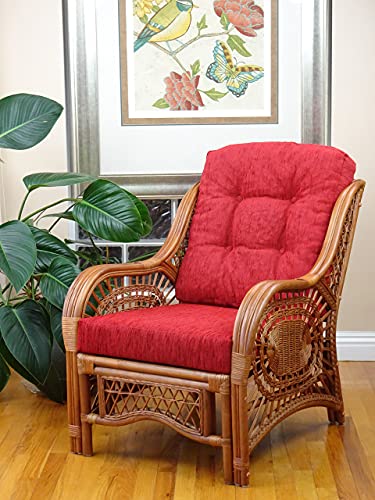 Malibu Lounge Living Accent Armchair Natural Rattan Wicker Handmade Design with Red Cushion, Colonial