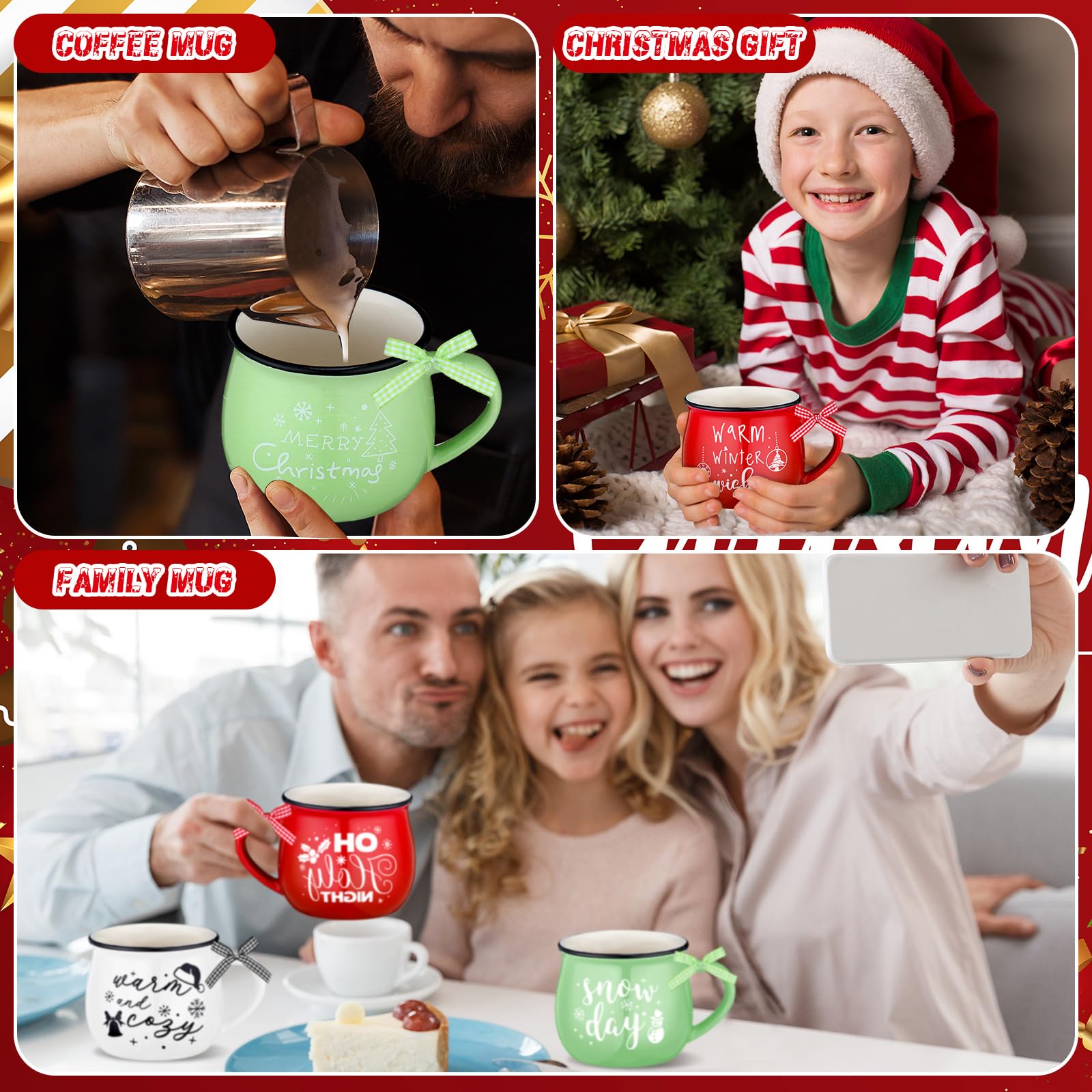 Suttmin 12 Pcs Ceramic Christmas Mugs Set 12 Oz Christmas Coffee Mugs with Ribbon Christmas Cups for Tea and Coffee Xmas Holiday Gift Tiered Tray Decor for Hot Cocoa Kitchen Table, Red, Green, White