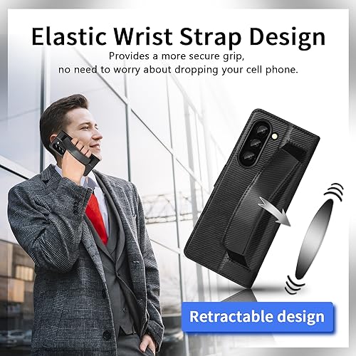 Mansoorr for Samsung Galaxy Z Fold 5 Wallet Case with S Pen Holder [Elastic Wrist Strap] [Carbon Fiber Texture Leather] Kickstand Card Holder Slots Protective Flip Folio Phone Cover 7.6" 2023 - Black