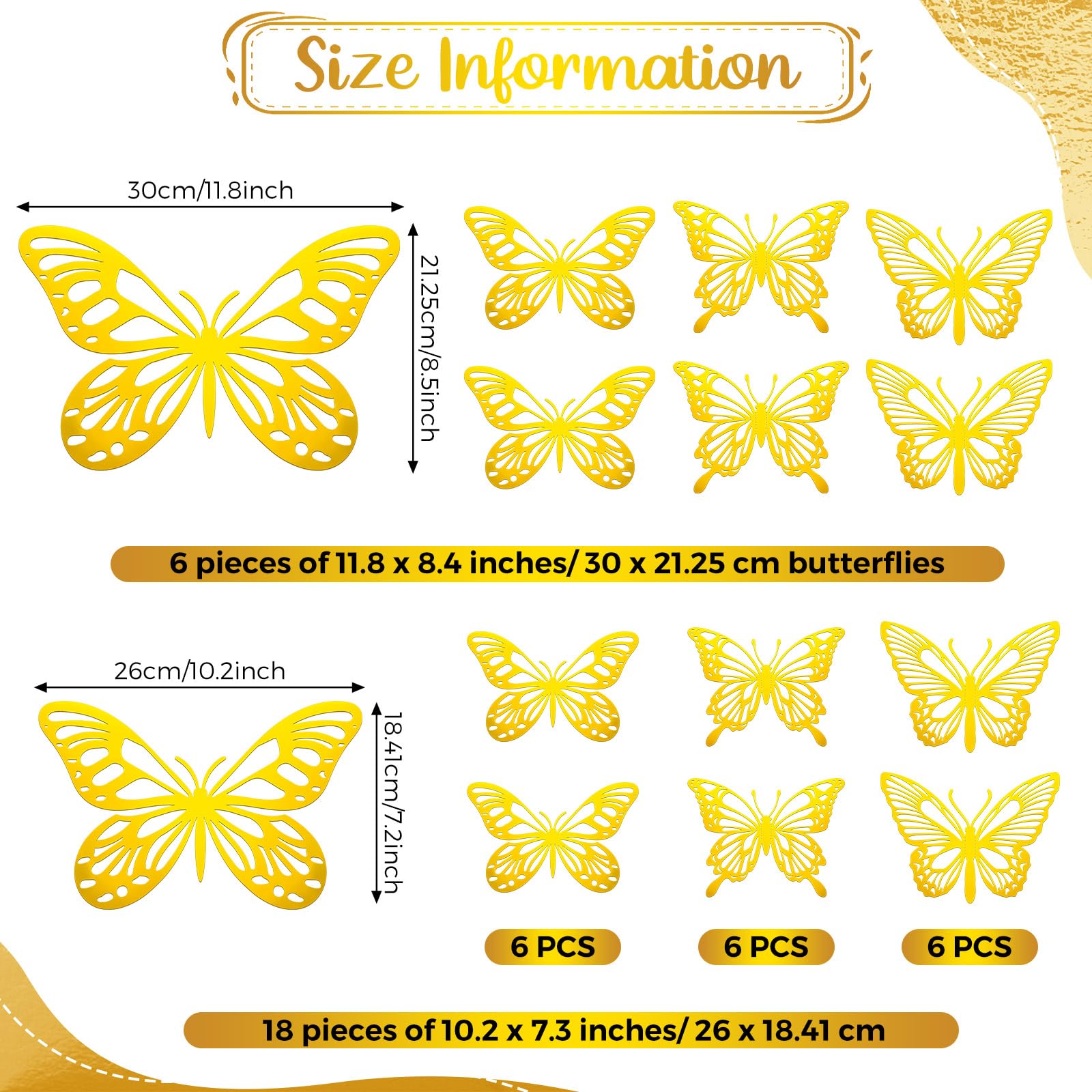 Yeaqee Large Butterfly Party Decoration 3D Butterflies Wall Decor Set 2 Sizes 3 Styles Large Stickers for Birthday Baby Shower Nursery Bedroom Wedding Decor Cutouts(Gold)