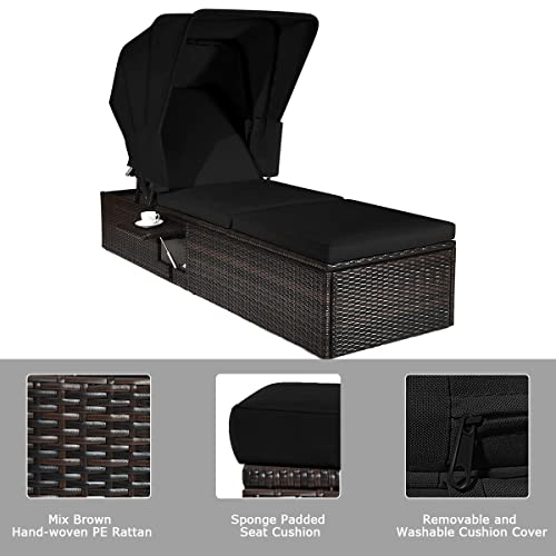 HAPPYGRILL Patio Lounge with Retractable Canopy Outdoor Reclining Chair with Adjustable Backrest Rattan Wicker Lounge Daybed with Coffee Table Sun Lounger for Beach Poolside Backyard Balcony Porch