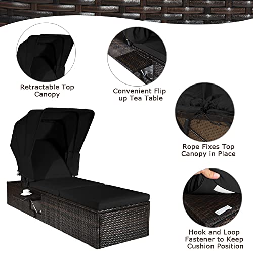 HAPPYGRILL Patio Lounge with Retractable Canopy Outdoor Reclining Chair with Adjustable Backrest Rattan Wicker Lounge Daybed with Coffee Table Sun Lounger for Beach Poolside Backyard Balcony Porch