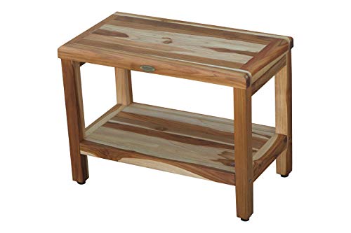 EcoDecors Teak Shower Bench Eleganto Garden Bench with Shelf Natural Teak Wooden Seat Patio Bench Wood Shower Bench in Earthy Teak Finish - 24 inches Length