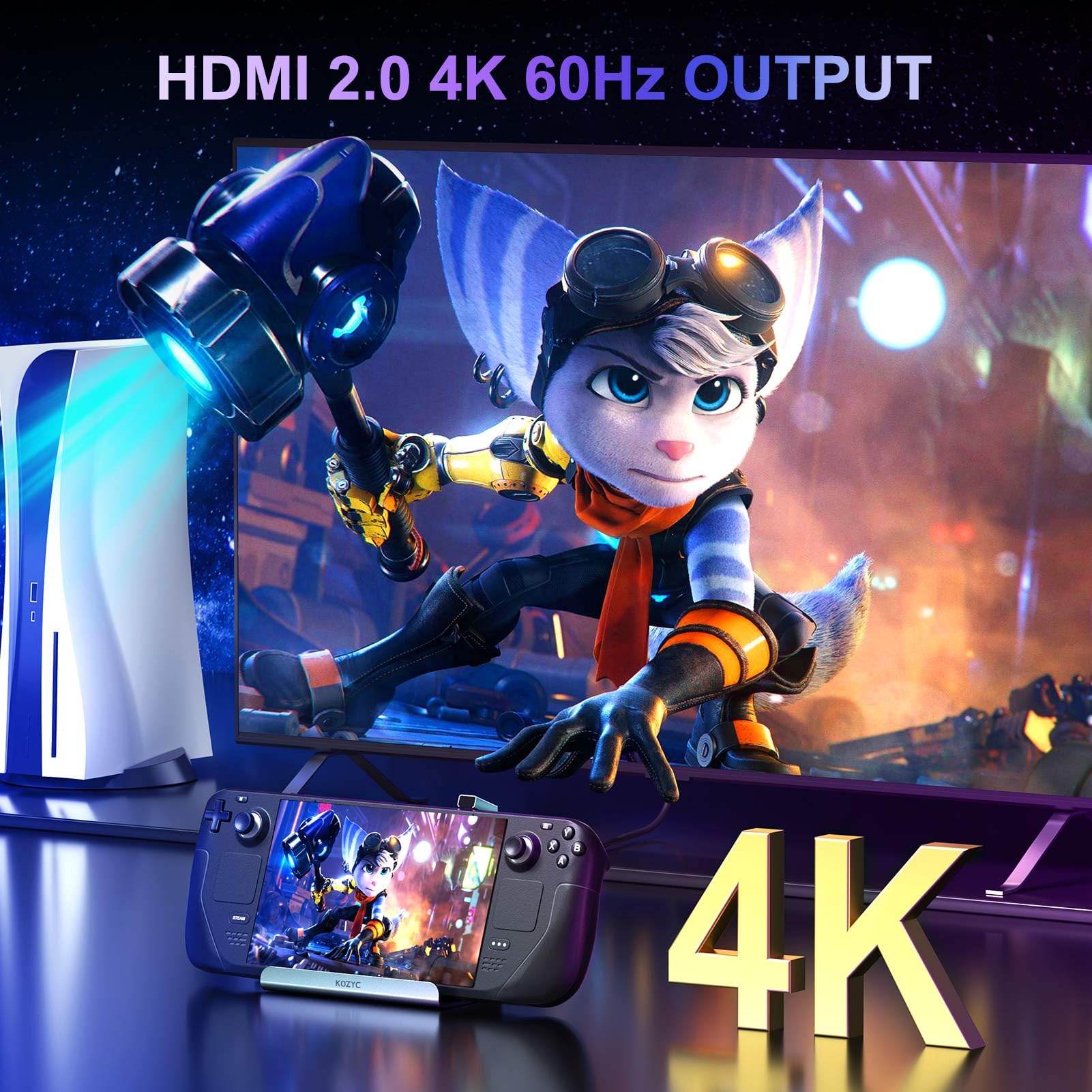 Docking Station for Steam Deck, KOZYC 6 in 1 Stream Deck Dock with HDMI 2.0 4K 60Hz, 1Gbps RJ45 Ethernet, 3 USB 3.0 5Gbps, and 100W Charging USB-C Port Compatible with ROG Ally, Steam Deck, Laptop