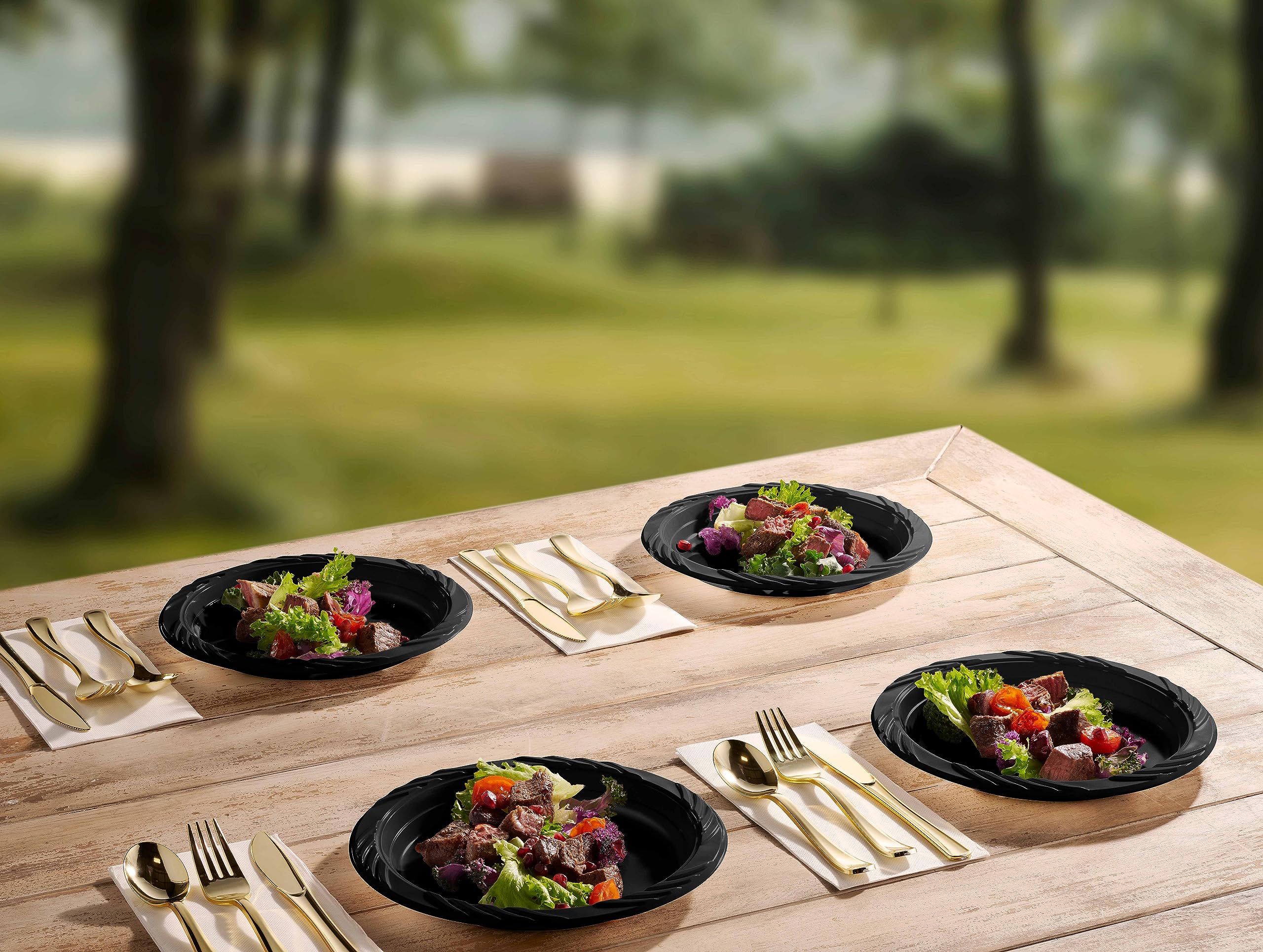 Munfix 200 Black Plastic Plates Set - 9 Inch Plastic Dinner Plates, Disposable Plates Bulk Pack, Party Plates for BBQ, Picnic, Parties, Travel and Events, Microwavable Recyclable