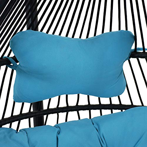 Sunnydaze Julia Hanging Egg Chair with Stand and Blue Cushions - Comfy Collapsible Outdoor Egg Chair Swing with Stand - Black Polyethylene Wicker Rattan Frame with Steel Stand - 76 Inches Tall
