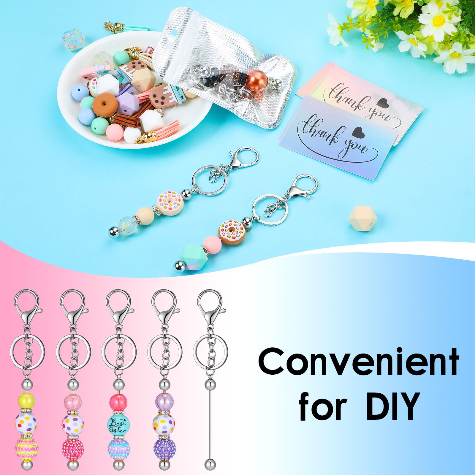 Sasylvia 30 Sets Beadable Keychain Kits Beaded Keychain Bars Resealable Pouch Bag Thank You Cards for DIY Crafts Jewelry Making