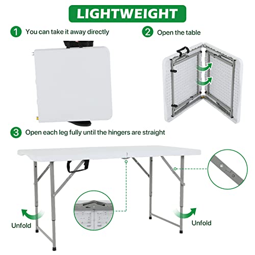 HKLGorg Folding Table 4 Ft Heavy Duty Fold Up Table Camping Working Table Indoor Outdoor Plastic Folding Table Utility Party Dining Table Easy to Assemble with Lock Function White