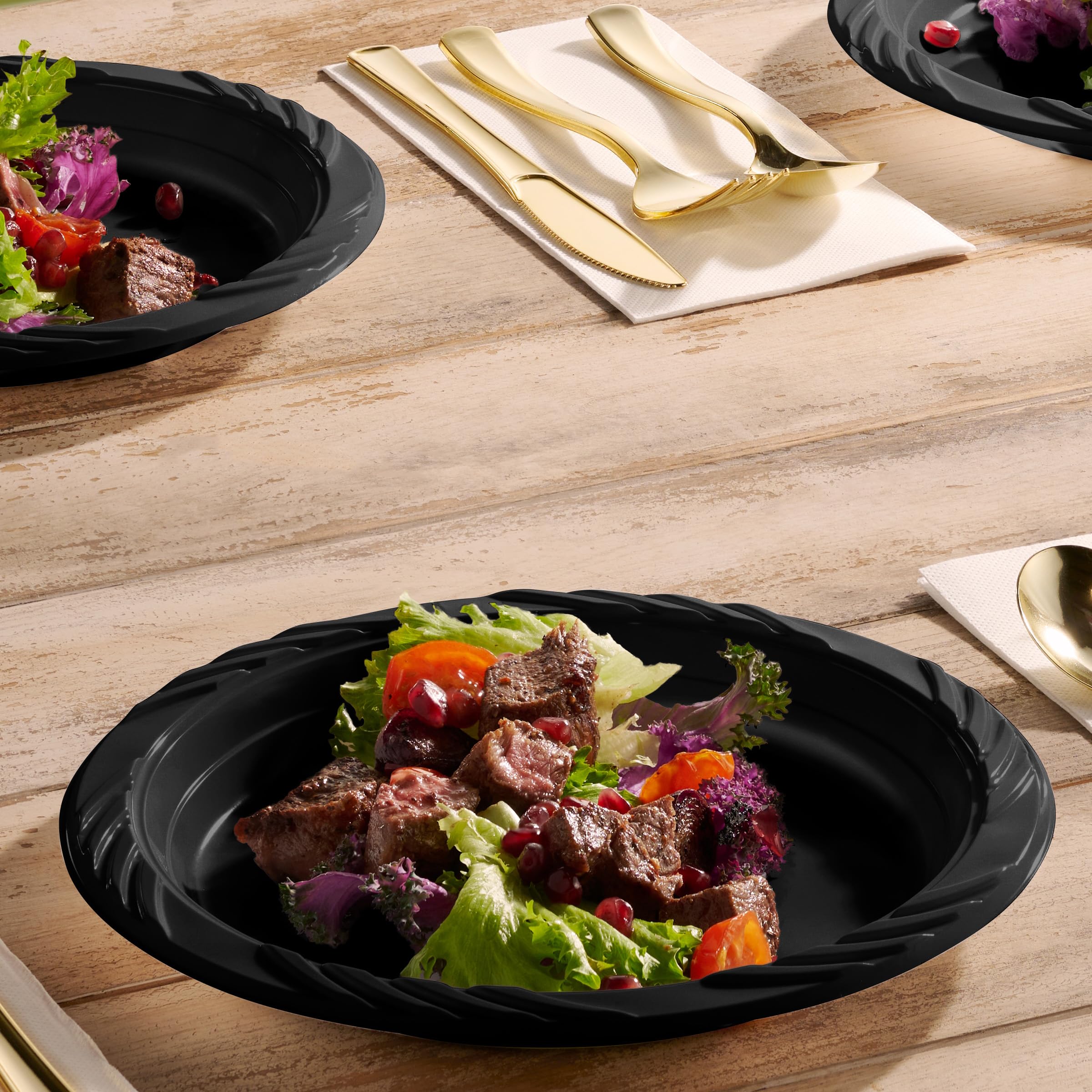 Munfix 200 Black Plastic Plates Set - 9 Inch Plastic Dinner Plates, Disposable Plates Bulk Pack, Party Plates for BBQ, Picnic, Parties, Travel and Events, Microwavable Recyclable