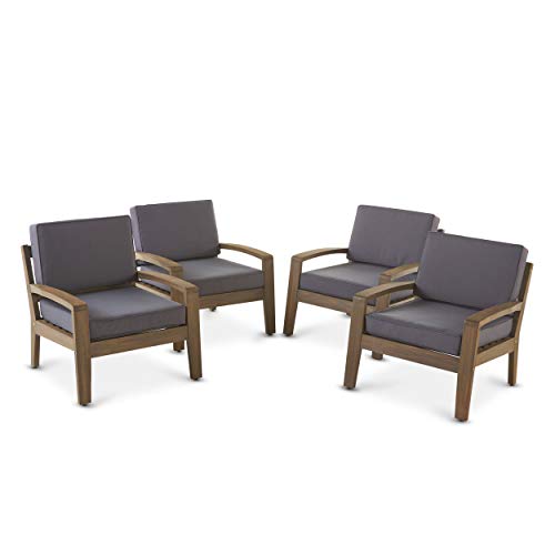 Christopher Knight Home Grenada Outdoor Acacia Wood Club Chairs with Water Resistant Cushions, 4-Pcs Set, Grey Finish / Dark Grey