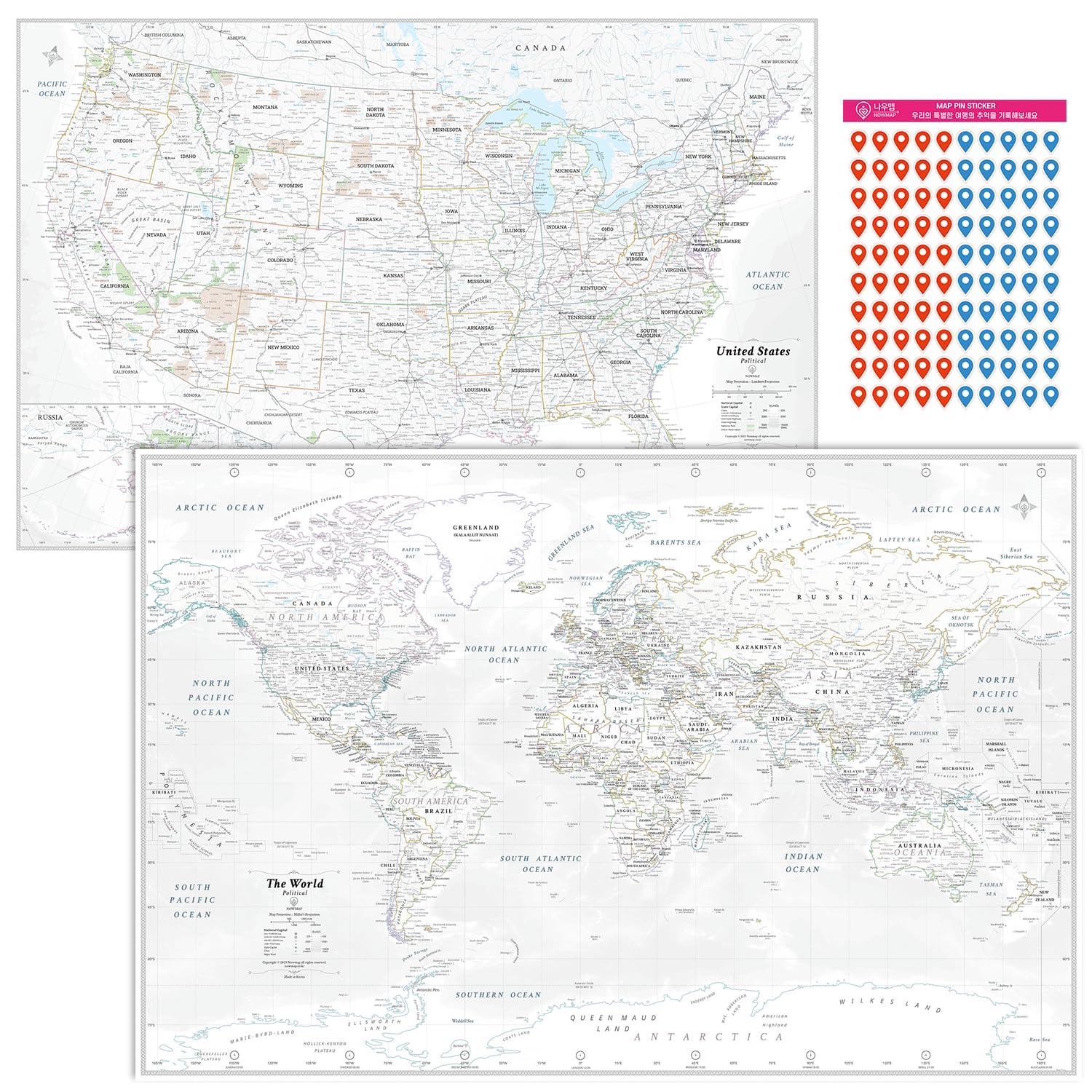 NOWMAP AquaShield Double-Sided World and USA Map Waterproof 2 Wall Map Set 24x36 - Folded Edition with (Pin Stickers)