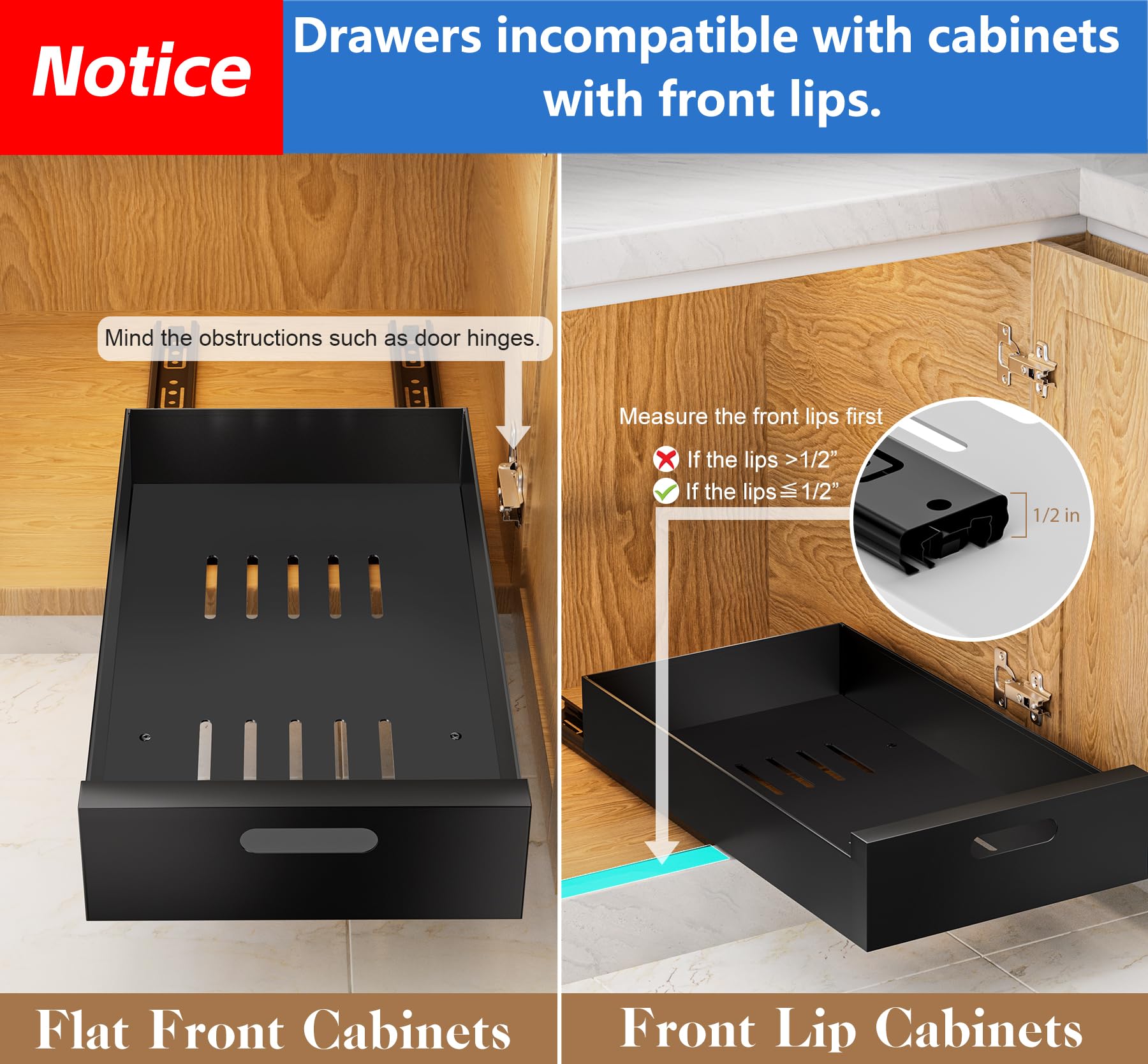 HBL' 1 Pack | 16.9" Deep Pull Out Cabinet Organizer Adhesive, 12-Inch Wide Sturdy Carbon Steel Roll-Out Drawers for Face Frame or Frameless Cabinets, Slide-Out Shelves for Pantry.