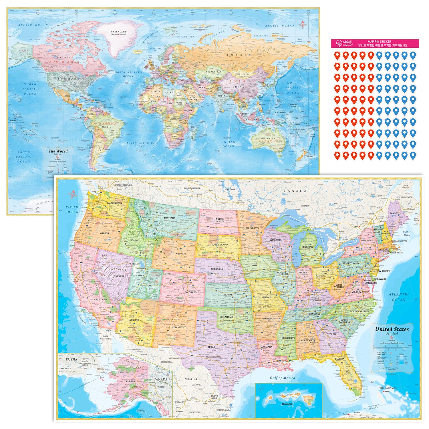 NOWMAP AquaShield Double-Sided World and USA Map Waterproof 2 Wall Map Set 24x36 - Folded Edition with (Pin Stickers)