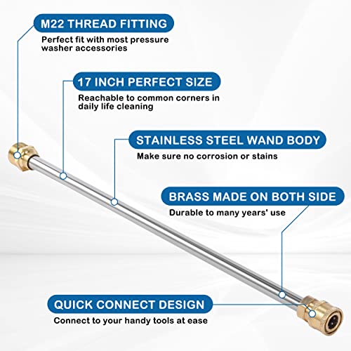 PWACCS Pressure Washer Wand Extension Kit β Dual Stainless Steel Power Washer Lance for Pressure Washing Accessories β M22 to 1/4" Quick Connect β 17 Inch Both
